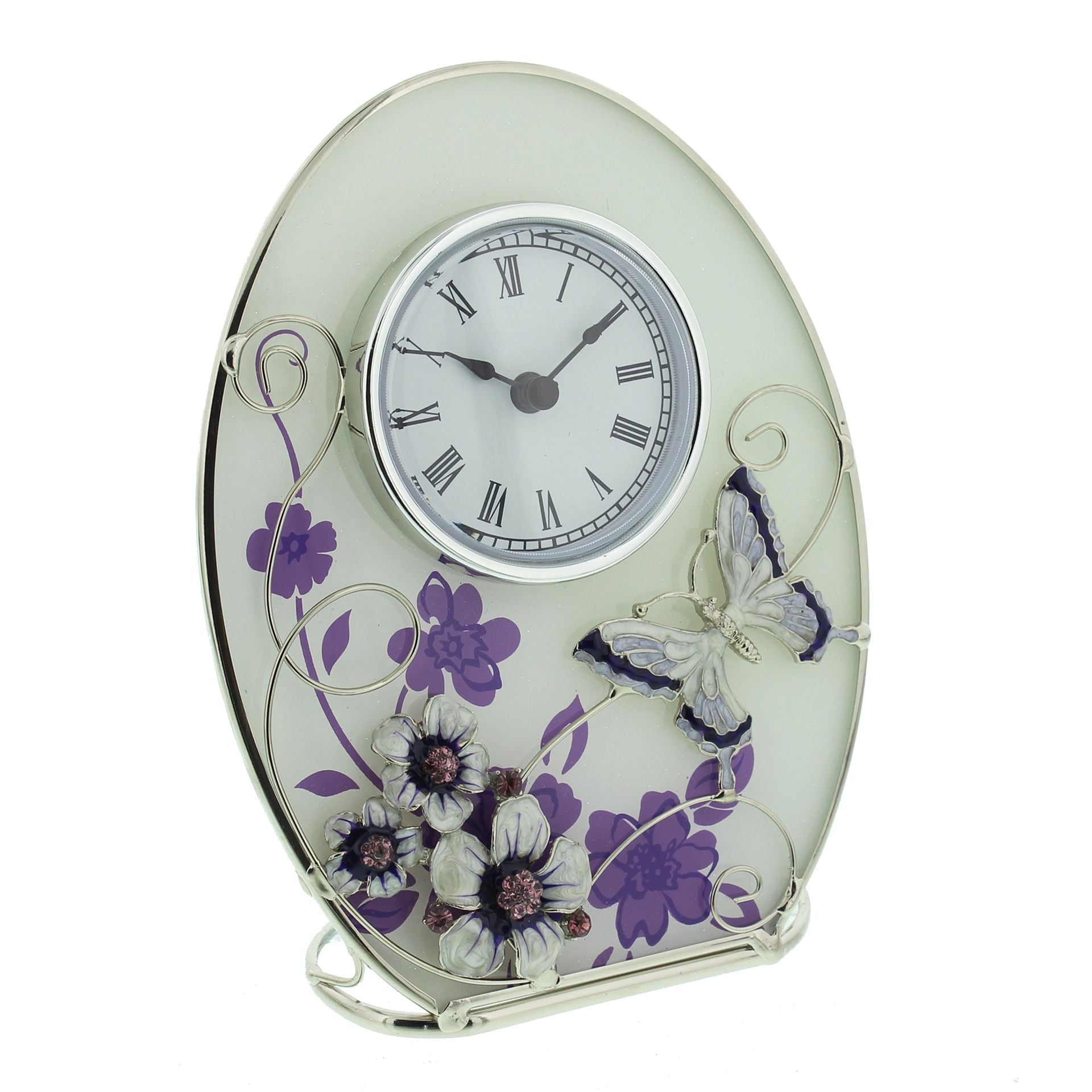 Sophia® Oval Glass & Wire Purple Butterfly Mantel Clock – timeframed clocks
