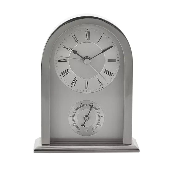 WM.Widdop. Silver Arched Thermometer Alarm Mantel Clock *NEW ...