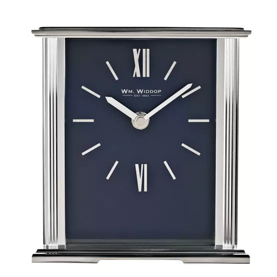 WM.Widdop. Silver Mantel Clock Navy Face *NEW* – timeframed clocks