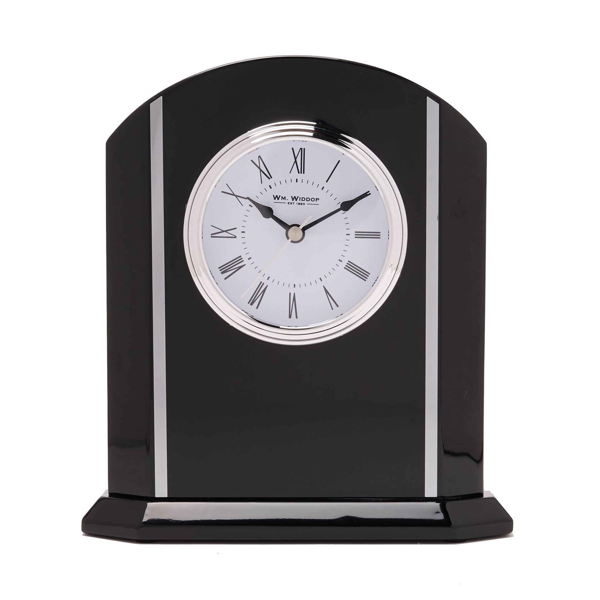 WM.Widdop. Wood & Glass Mantel Clock Piano Black *NEW* – timeframed clocks
